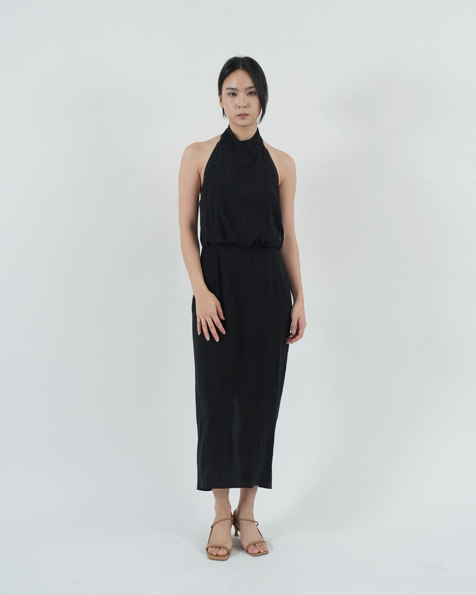 HIGH NECK OPEN BACK DRESS in black – lisatelier.co